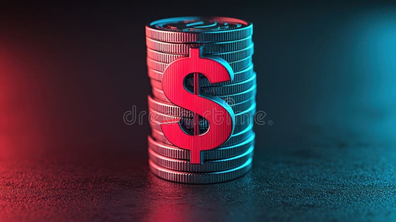 Neon Lit Stack of Coins Dollar Sign Finance Wealth Success Stock ...