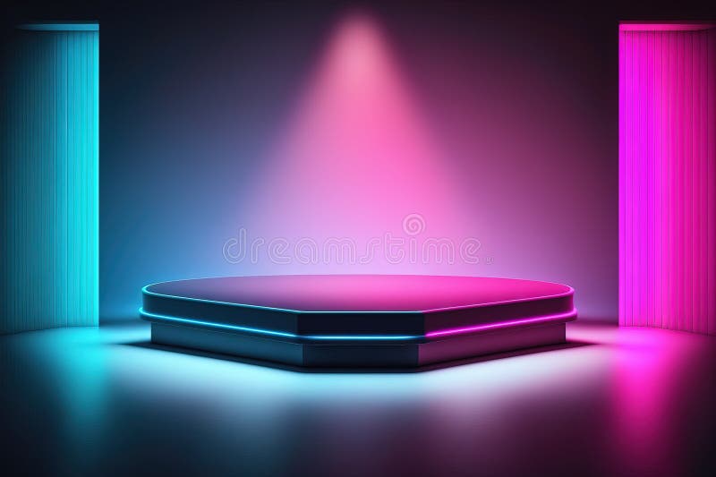 Neon Lit Stage with a Blank Platform for a Performance or Product ...
