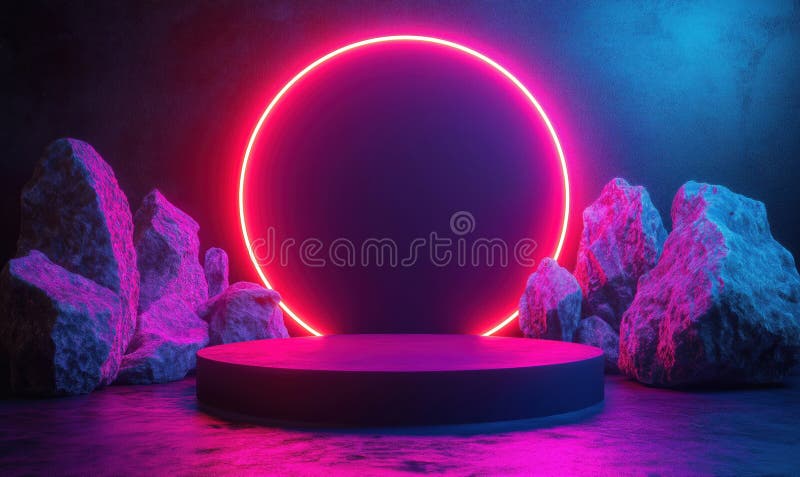 Neon-lit Stage with Circular Backdrop and Illuminated Rocks for Modern ...