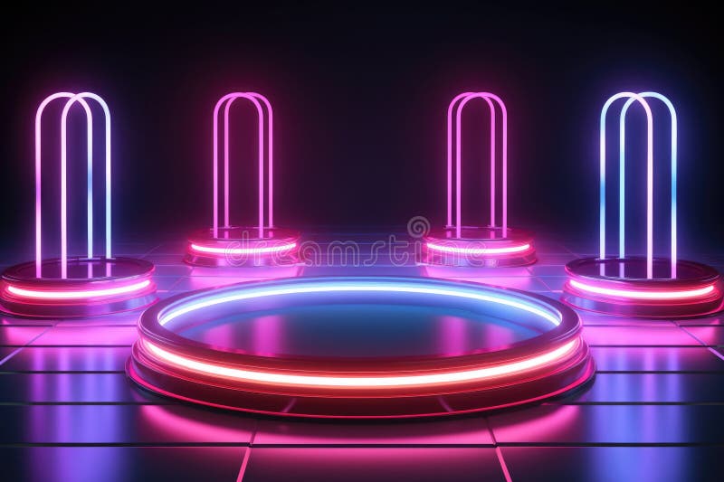 Neon Lit Stage with Four Pillars of Red and Blue Lights Stock Photo ...