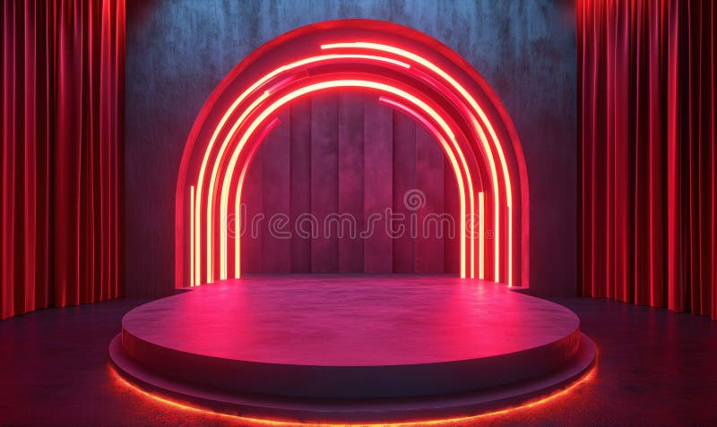 Neon-lit Stage with Vibrant Arches and Red Curtains for Performances or ...