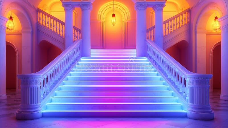 Neon-lit Staircase in a Futuristic Palace with Warm Lighting Stock ...