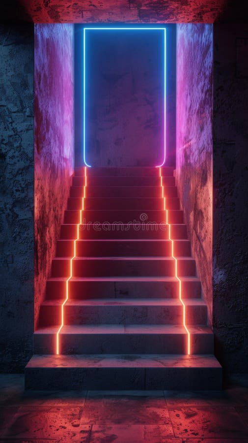 Neon-Lit Stairs Descending stock image. Image of contemporary - 322672949