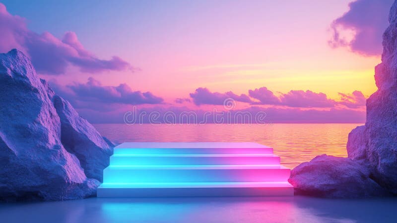 Neon Lit Steps on Ocean Beach at Sunset Stock Illustration ...