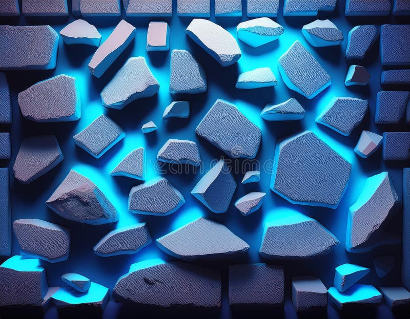 Neon-Lit Stone Wall: White Pieces with Broken Textured Edges in Blue ...