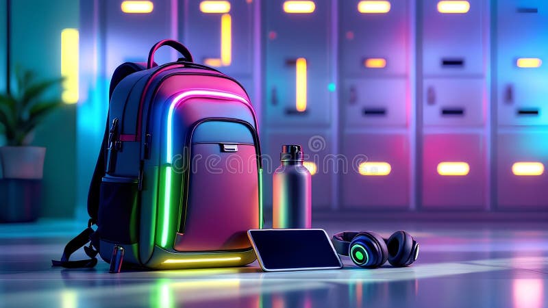 Neon Lit Student Backpack and Tech Gear in Modern Locker Room Stock ...