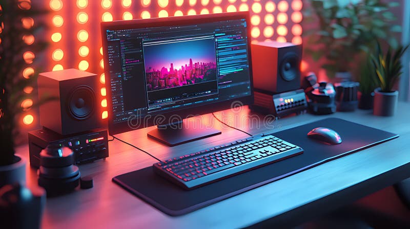Neon-lit Studio, Desktop Video Editing, City Backdrop, Creative ...