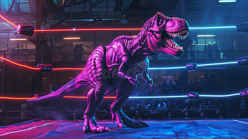 A Neonlit TRex Ready To Battle in a Wrestling Ring Roaring Crowd in the ...
