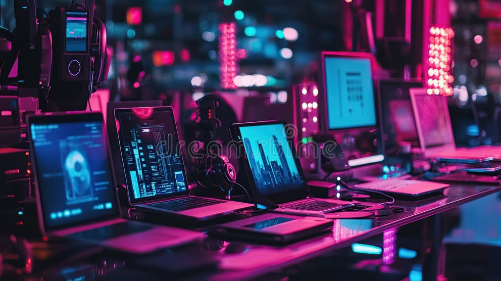 Neon-lit Table Displaying Multiple Laptops, Tablets, and Monitors ...