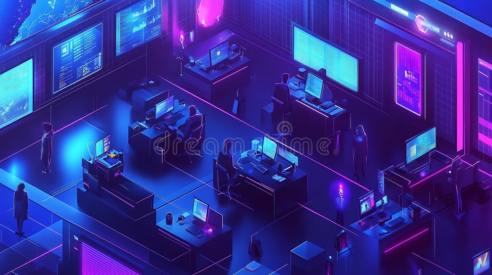 Neon-Lit Tech Hub stock illustration. Illustration of environmental ...