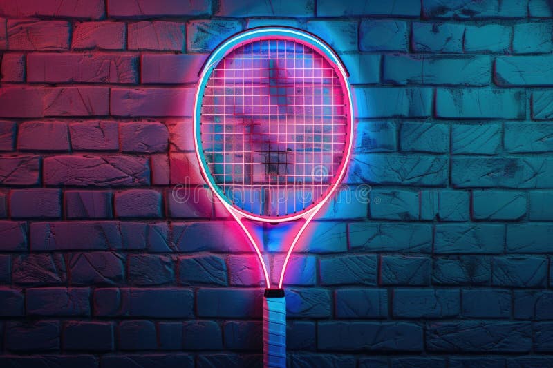 A Neon Lit Tennis Racket Leaning Against a Worn-out Brick Wall Stock ...