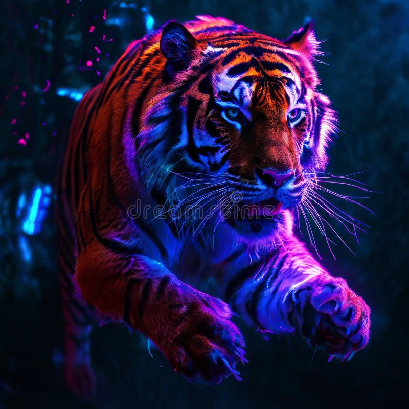 Neon-lit Tiger Leaping in Dramatic Lighting Stock Photo - Image of ...