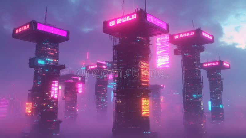 Neon-Lit Towers in a Futuristic Cityscape Stock Illustration ...