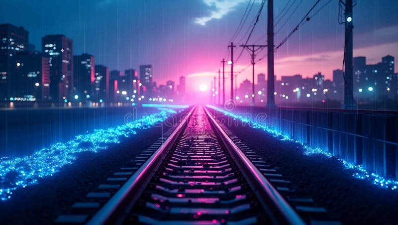 Neon?lit Train Tracks Stretching Stock Illustration - Illustration of ...