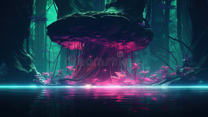 Neon-lit Tree in a Mystical Jungle with Glowing Light and Vibrant ...