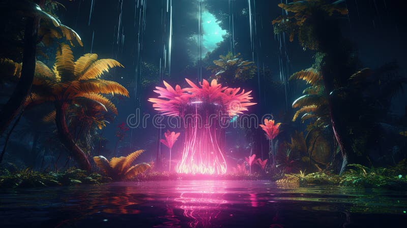 Neon-lit Tree in a Mystical Jungle with Glowing Light and Vibrant ...