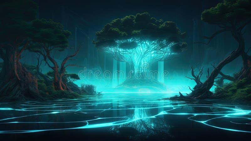 Neon-lit Tree in a Mystical Jungle with Glowing Light and Vibrant ...