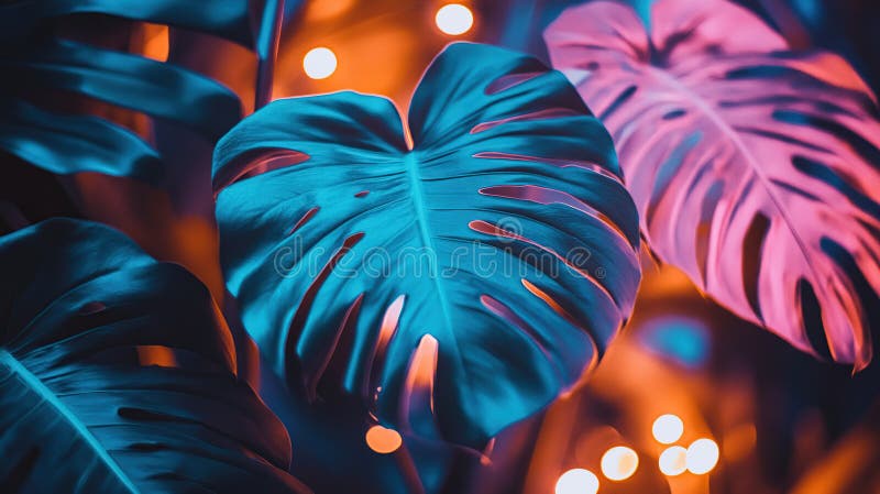 Neon-lit Tropical Leaves, Bokeh Background, Party Decor Stock Photo ...