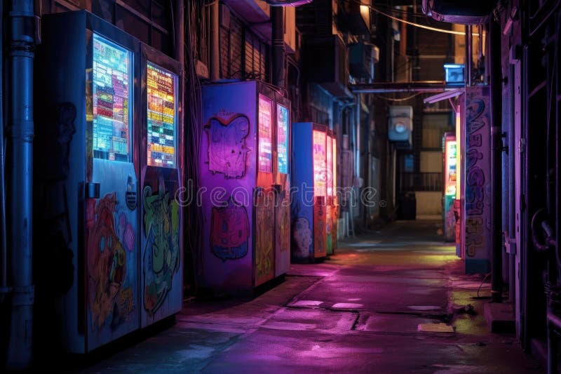 Neon-lit Vending Machines in a Quiet Alley Stock Illustration ...