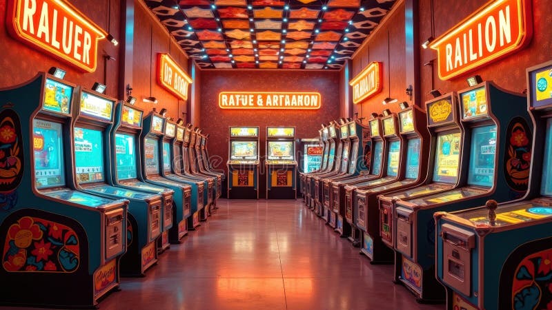 Neon-lit Vintage Arcade with Classic Pinball Machines and Retro Decor ...