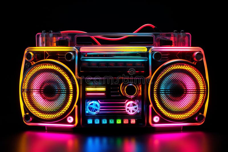 Neon-Lit Vintage Boombox stock image. Image of speaker - 324355747