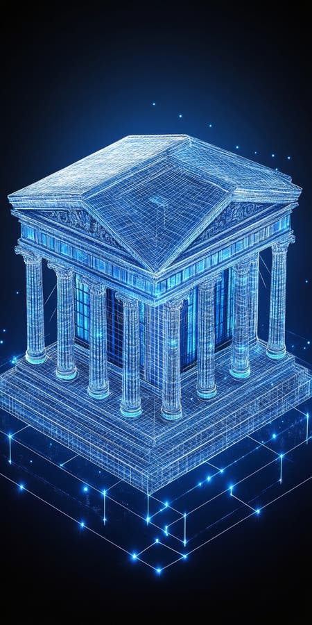 Neon Lit Virtual Bank Building Symbolizing Digital Transformation in ...