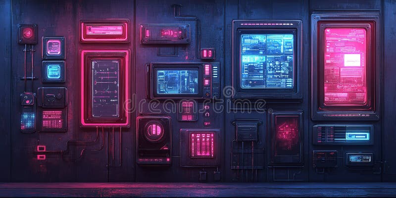 Neon-lit Wall of Futuristic Technology Displays and Controls in a Dark ...