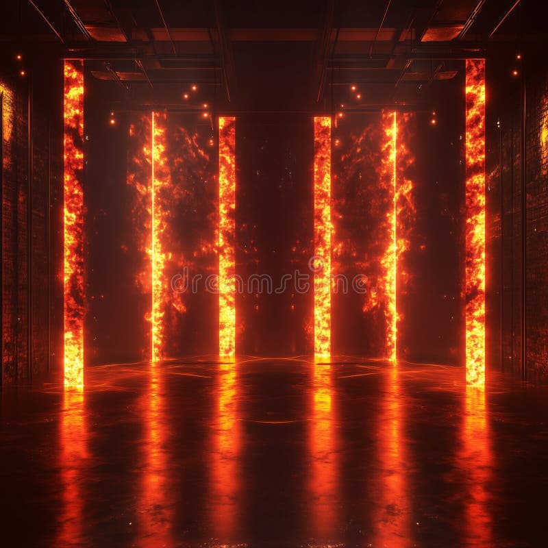 Neon Lit Warehouse with Dramatic Vertical Orange Light Columns and ...