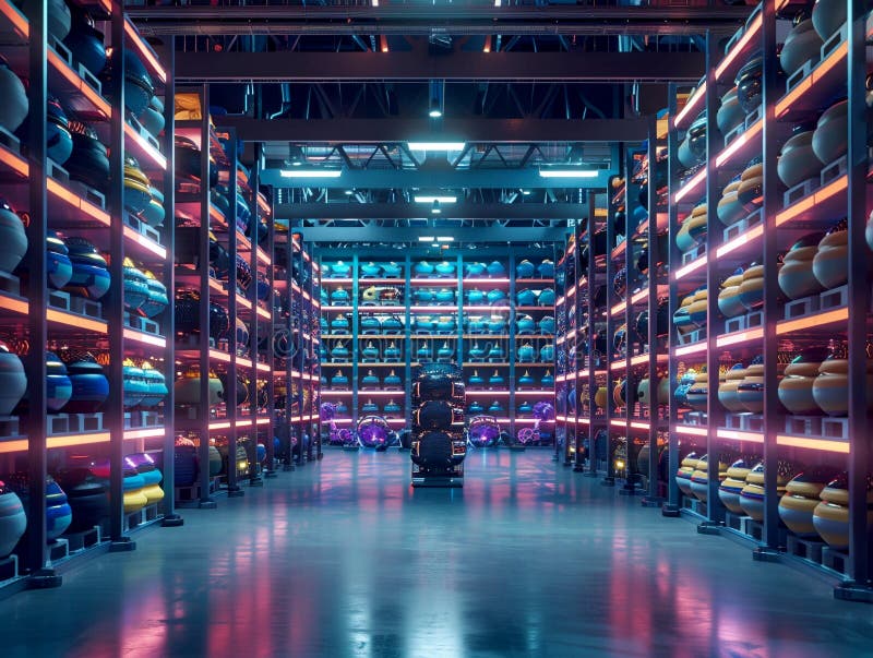 Neon-lit Warehouse Storage Facility with Rows of Colorful Objects Stock ...