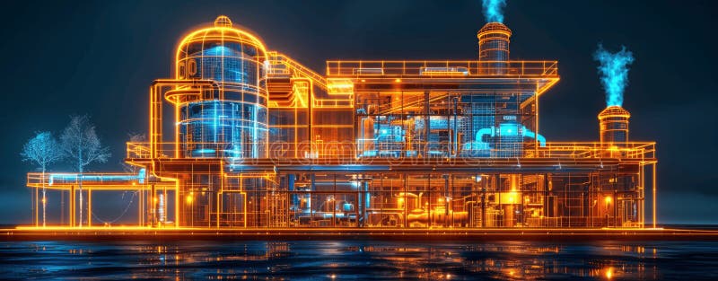 Neon-Lit Wireframe of an Industrial Building with Pipes and Cables ...