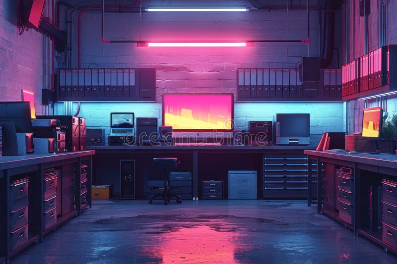 Neon Lit Workspace with Multiple Computer Workstations, Filing Cabinets ...