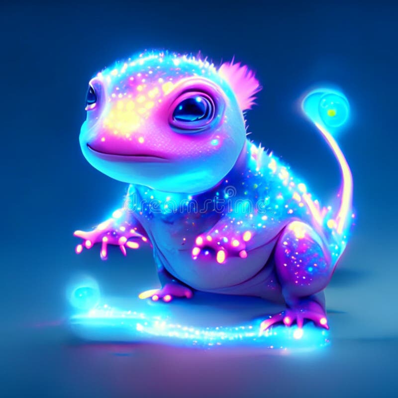 Neon Lizard on a Blue Background. 3d Rendering. Neon Effect Stock ...