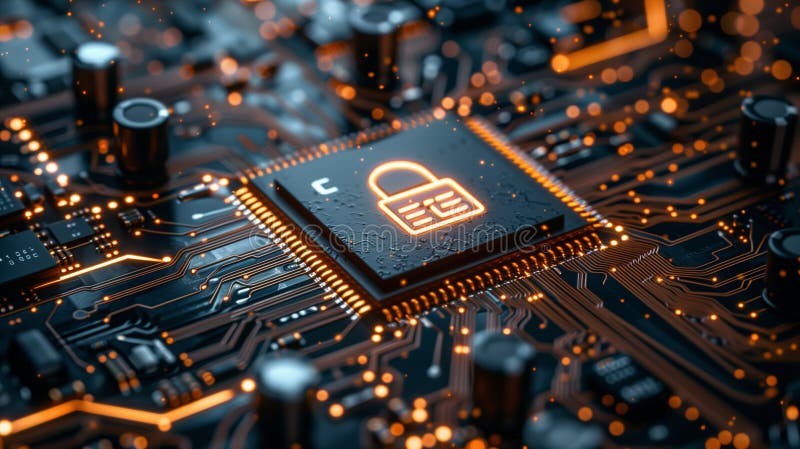 A Neon Lock Icon on High Tech Circuit Board Symbolizes Security and ...