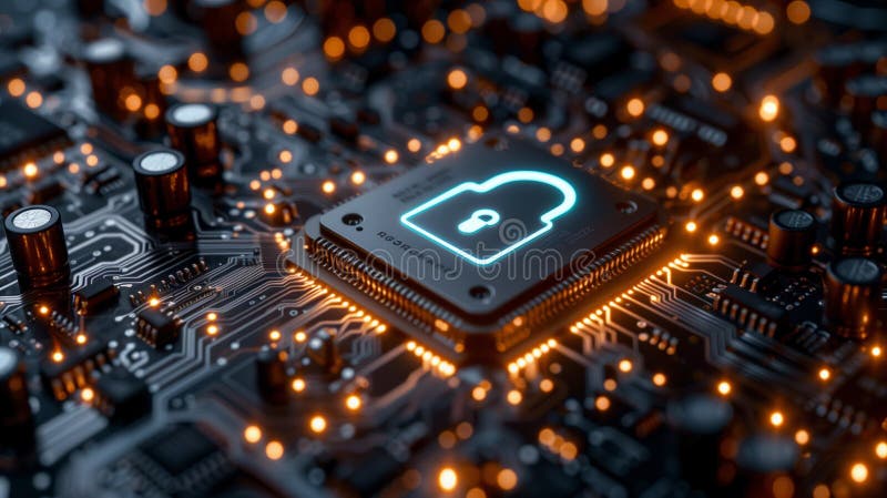 A Neon Lock Icon on High Tech Circuit Board Symbolizes Security and ...