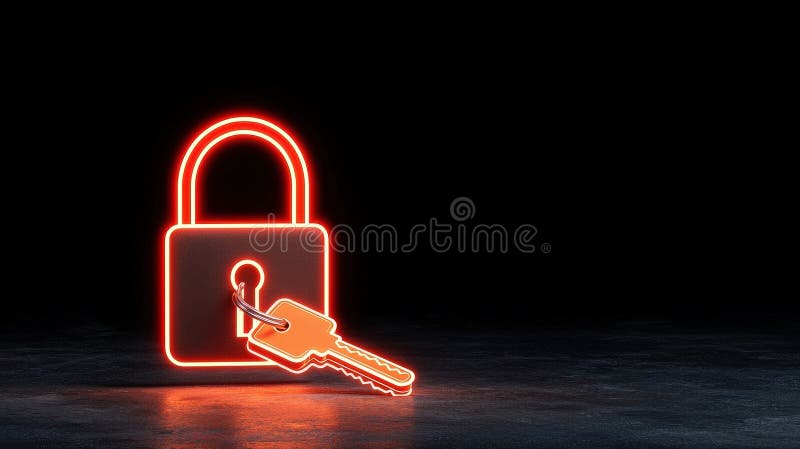 Neon Lock with Key on Dark Background Symbolizing Security and ...
