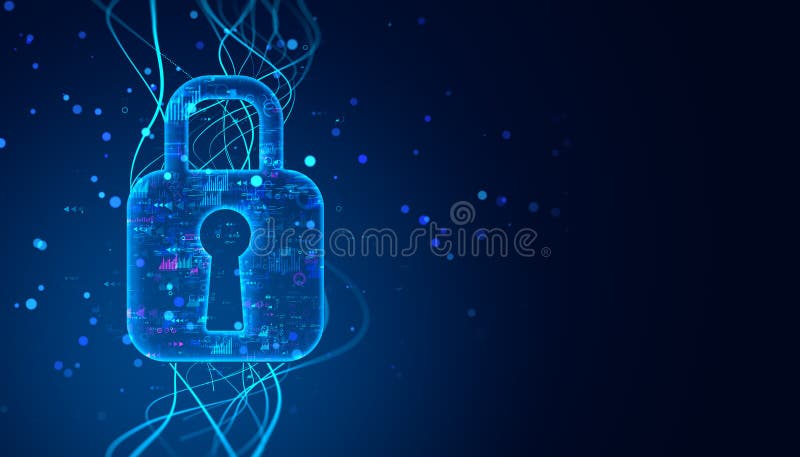 Neon Lock Symbol with Digital Circuits on Dark Blue Background. 3D ...