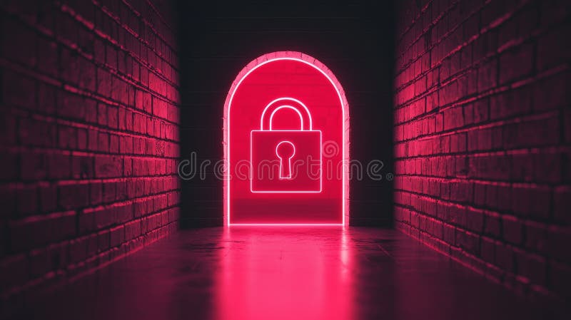 Neon Lock Symbol in Dimly Lit Hallway Stock Illustration - Illustration ...