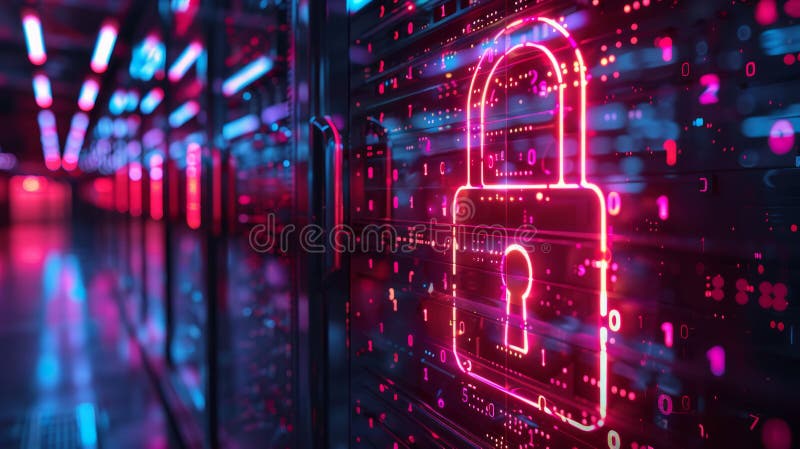 Neon Lock Symbol in a Server Room Representing Cybersecurity. Stock ...