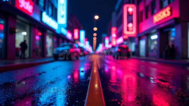 Neon long street at night stock image. Image of blue - 370515099