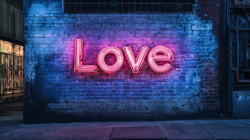 Neon Love Sign on Brick Wall at Night Stock Illustration - Illustration ...