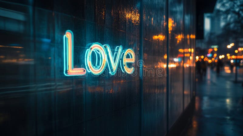 Neon Love Sign in City at Night Stock Illustration - Illustration of ...