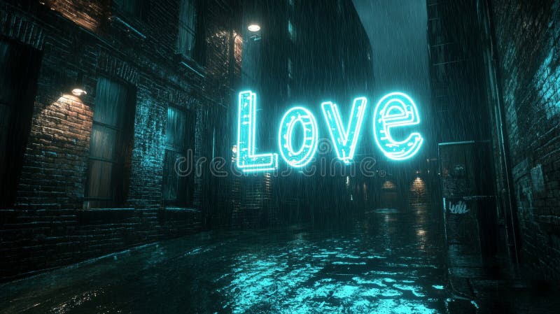 Neon Love Sign in Rainy City at Night Stock Illustration - Illustration ...