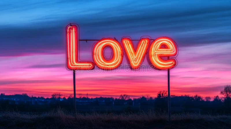 Neon Love Sign at Sunset Over Rural Field Stock Illustration ...