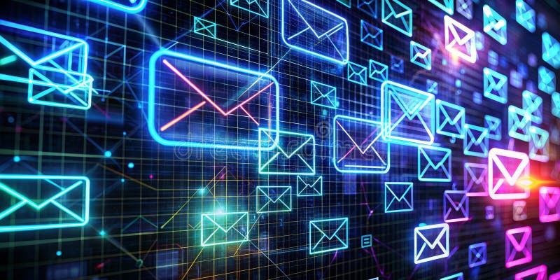 Neon Mail Icons in a Digital Grid - Abstract Technology Background ...