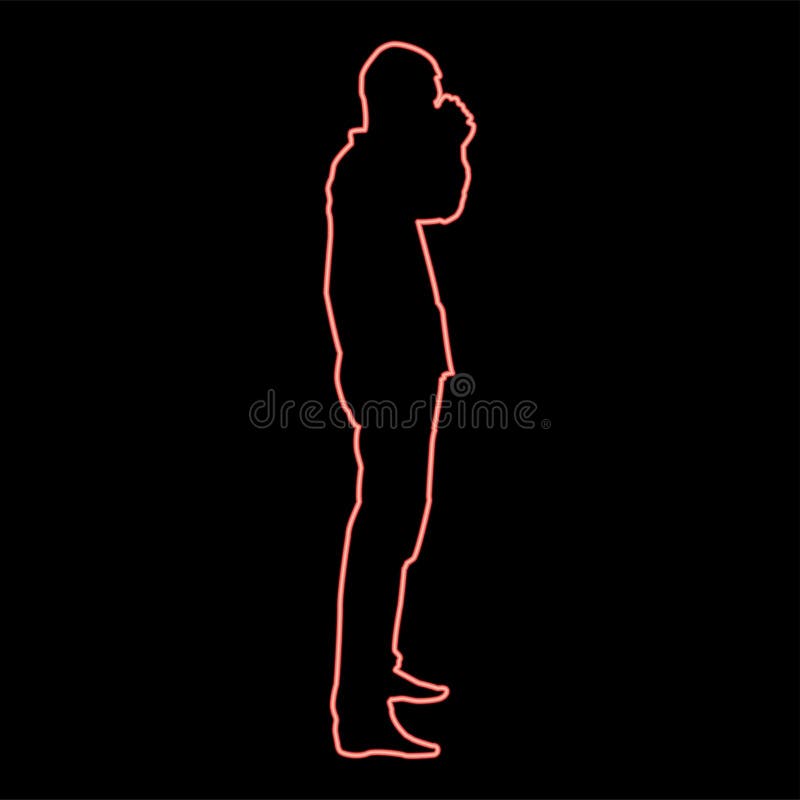 Neon Man Drinking from Mug Sitting on Stool with Crossed Leg Concept ...