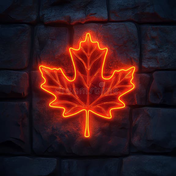 Neon Maple Leaf Glowing on a Dark Stone Wall. Stock Image - Image of ...