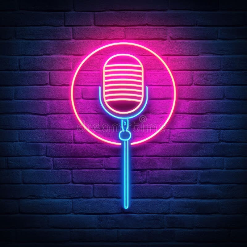 Neon Microphone Icon on Brick Wall Stock Illustration - Illustration of ...