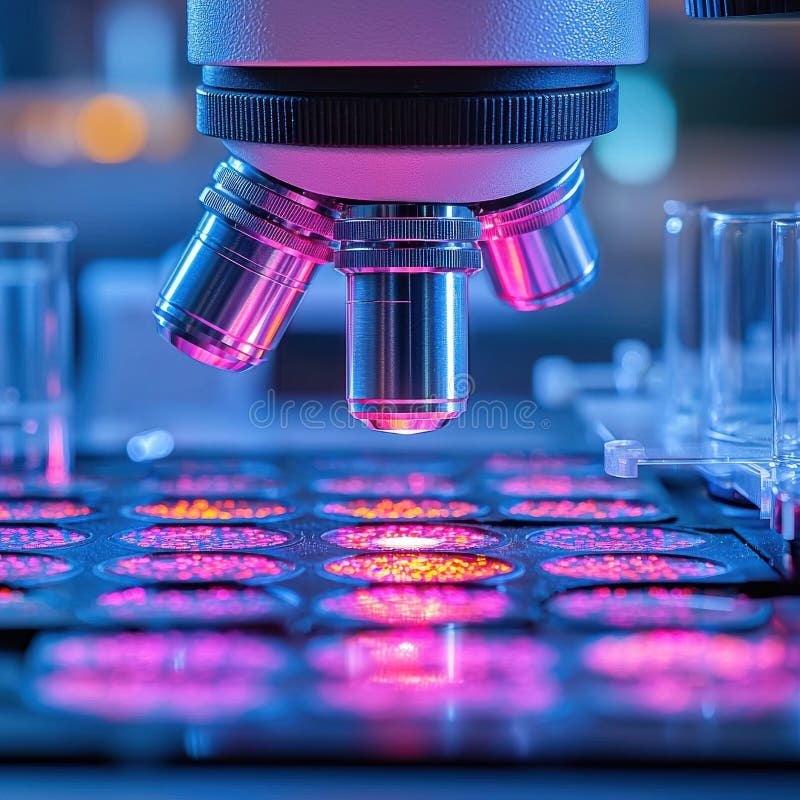 Neon Microscope in High-Tech Lab. Stock Illustration - Illustration of ...