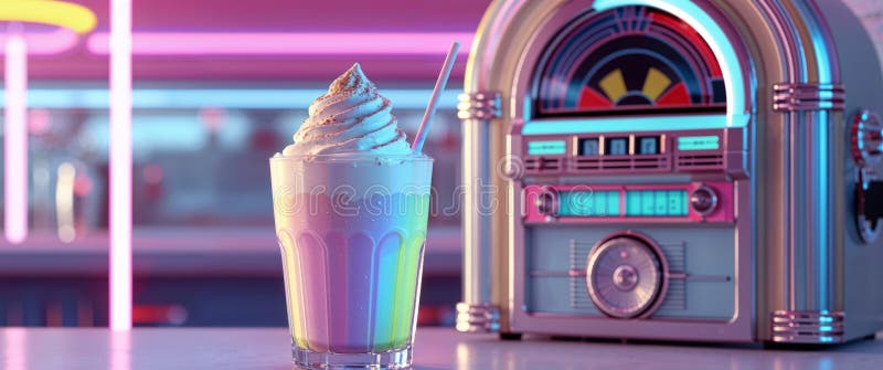 Neon Milkshake and Jukebox at Retro Diner Bar Stock Photo - Image of ...