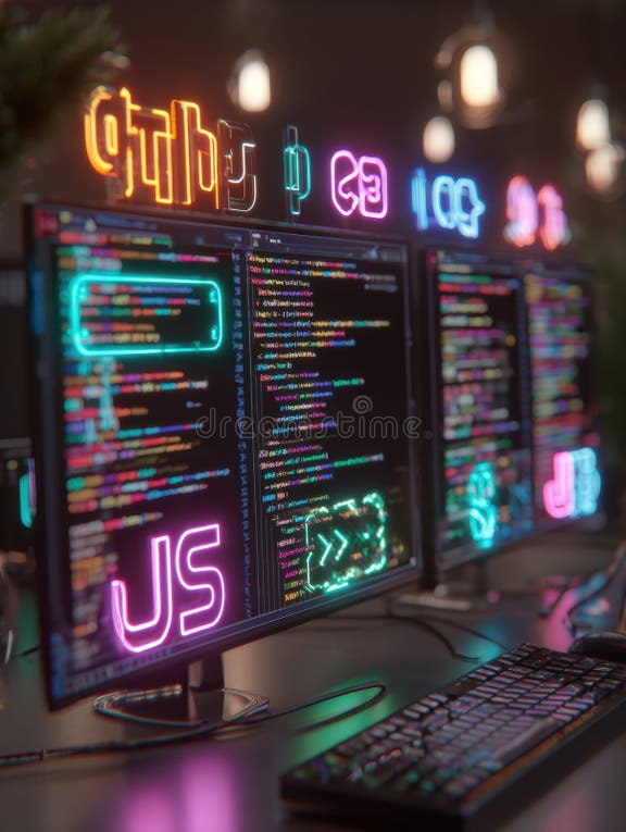 Neon Monitors Display Programming Code in a Modern Workspace during ...